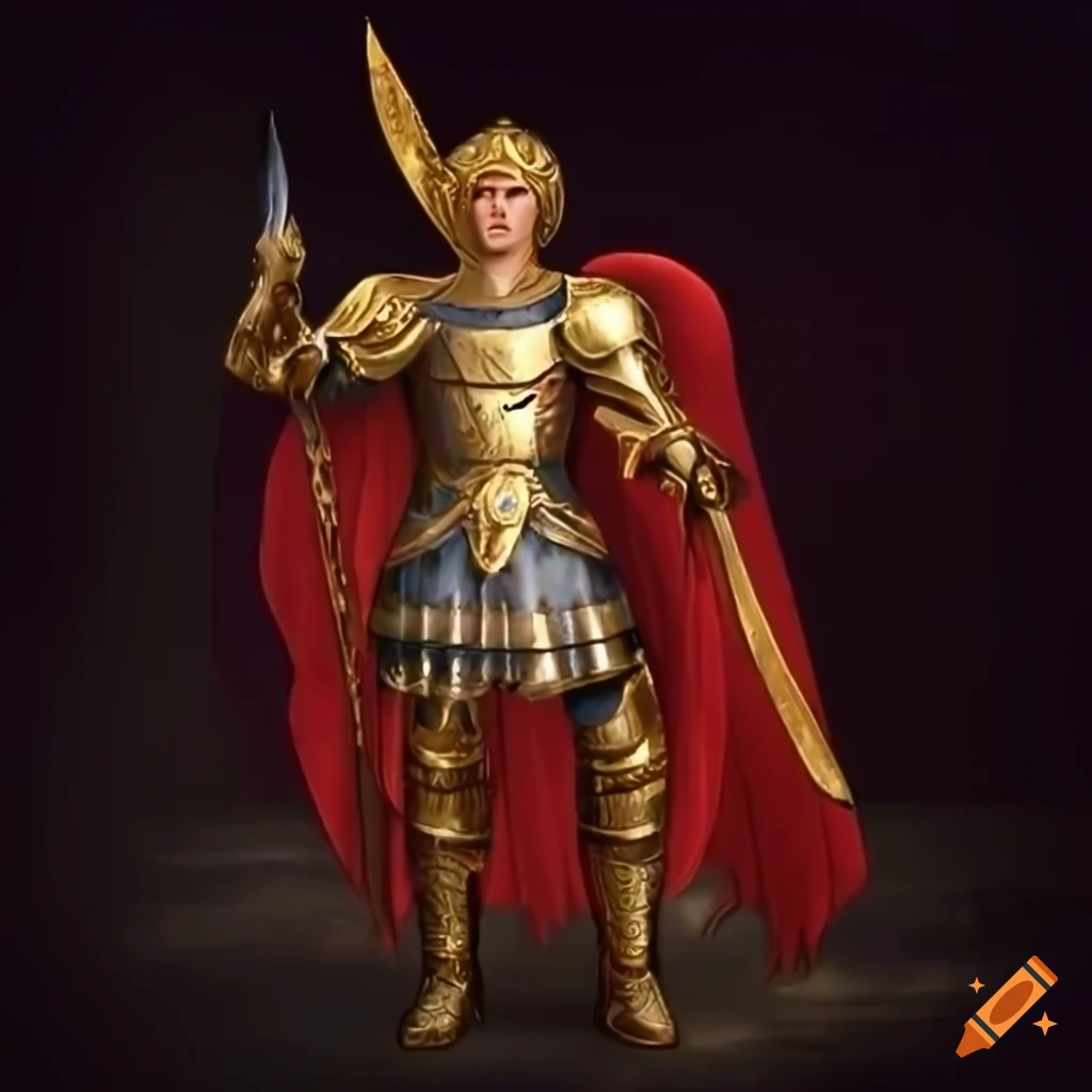 Illustration of archangel michael in golden armor and red cape on Craiyon