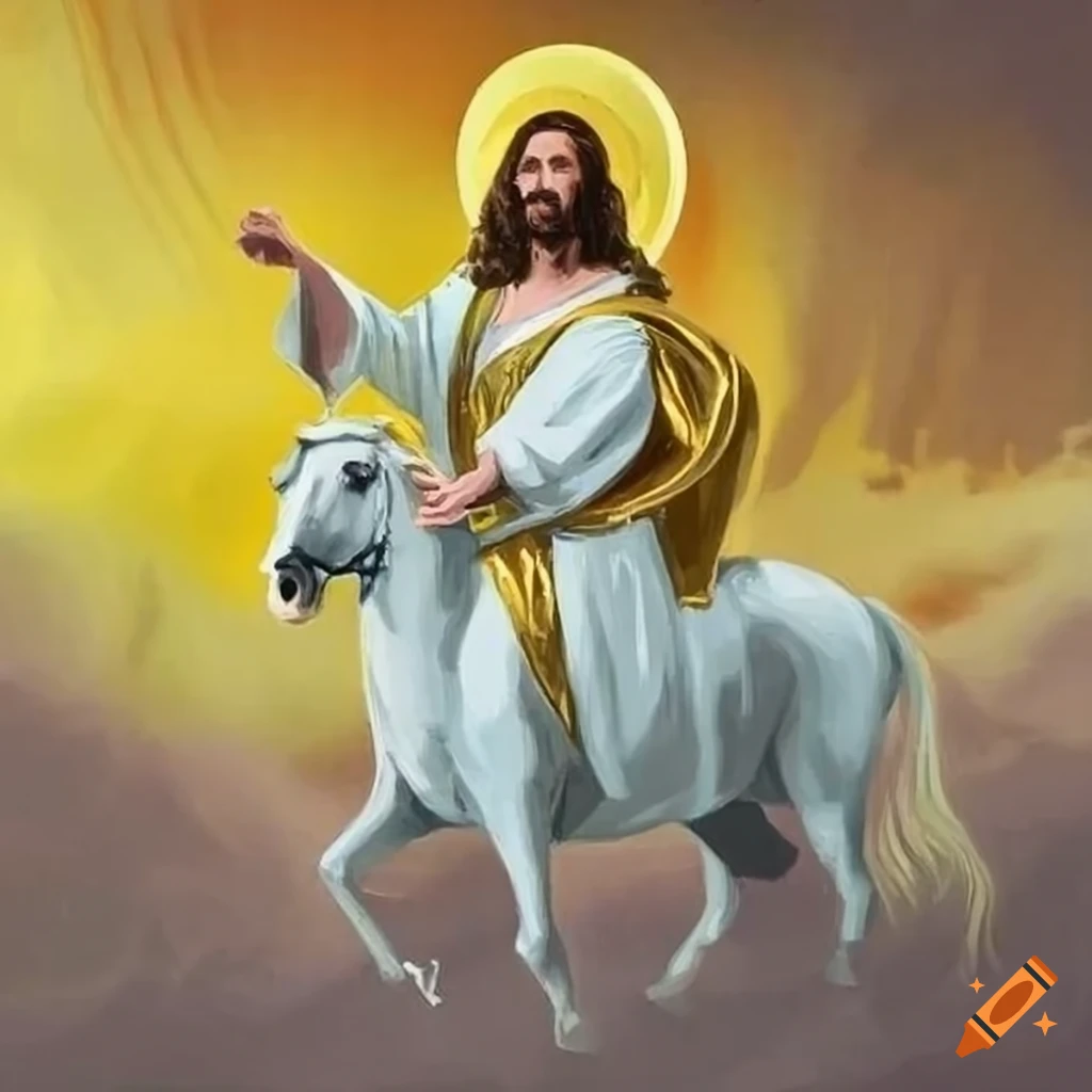 Depiction of jesus riding a white horse with angels on Craiyon