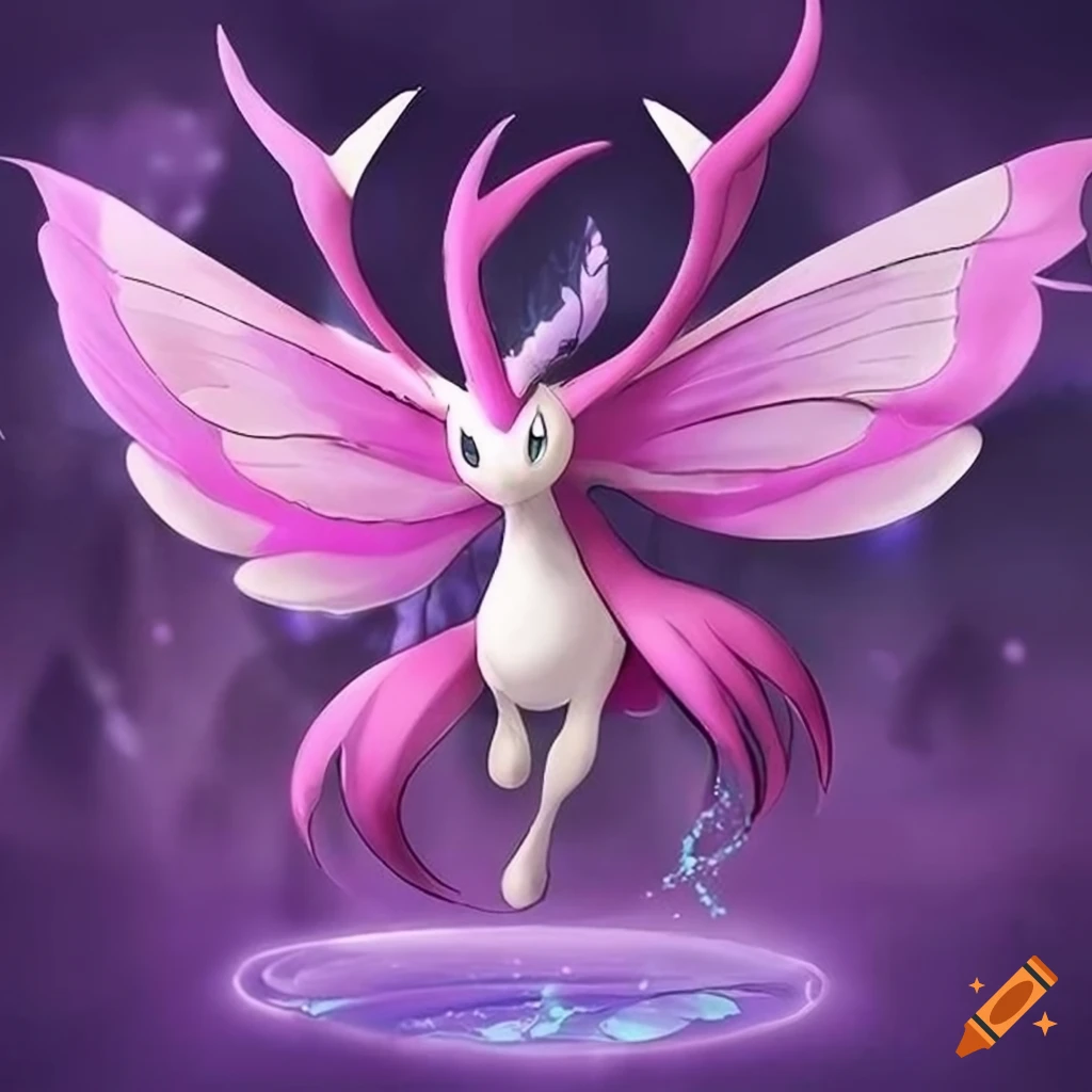 Picture of a pink and purple legendary fairy Pokemon with round horns ...