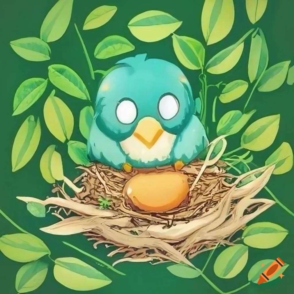 Cute chibi kiwi bird on a nest with green leaves on Craiyon