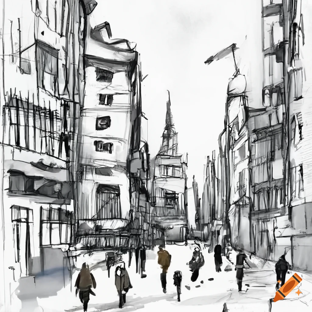 Black and white urban sketch on Craiyon