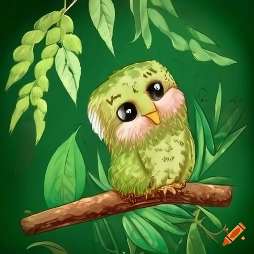 Cute Kakapo bird sitting on a branch in a lush green environment on Craiyon