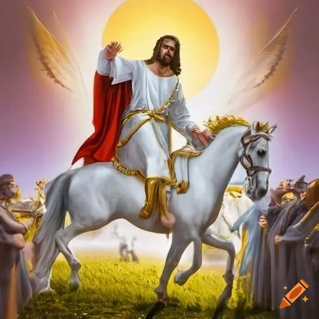 Depiction of jesus riding a white horse with angels on Craiyon