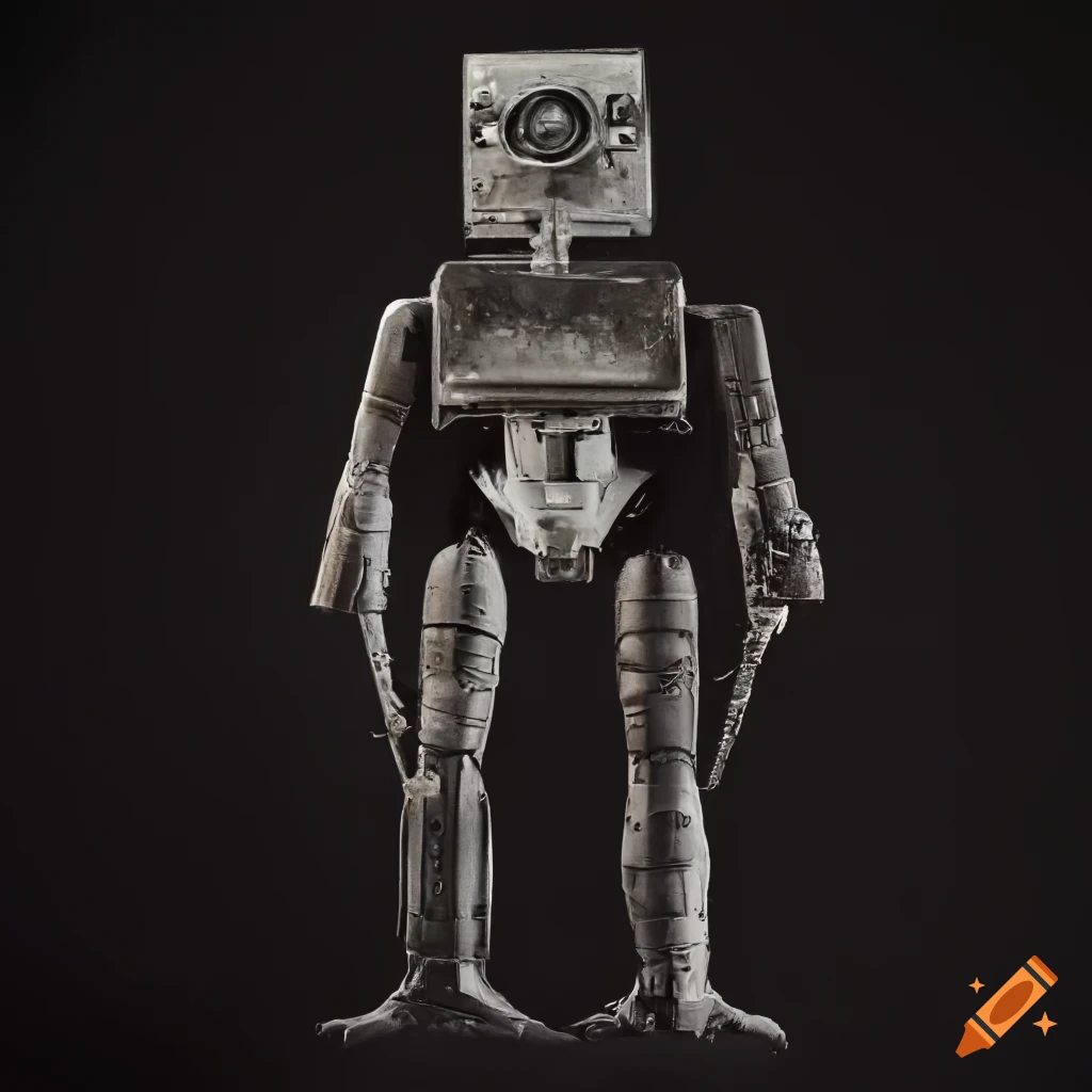 Portrait of a robot hiking in the mountains with a metal pet on Craiyon