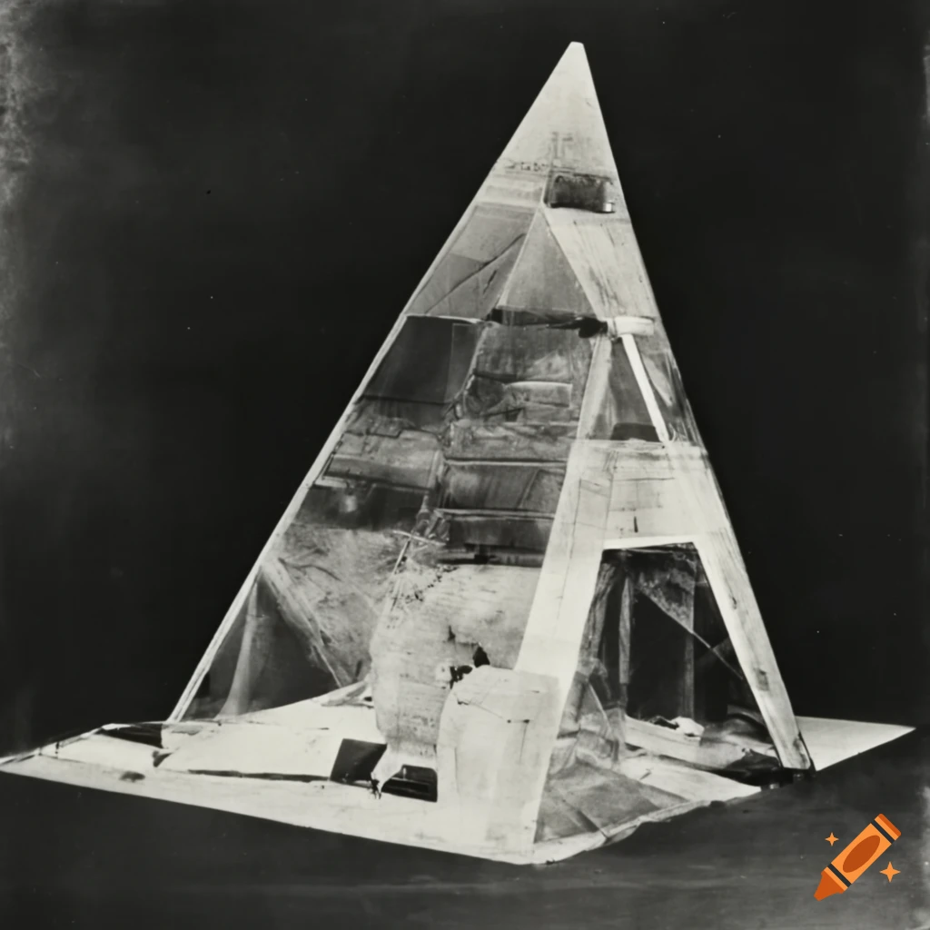 Surreal vintage photograph of spaceship crash and pyramid structure on ...