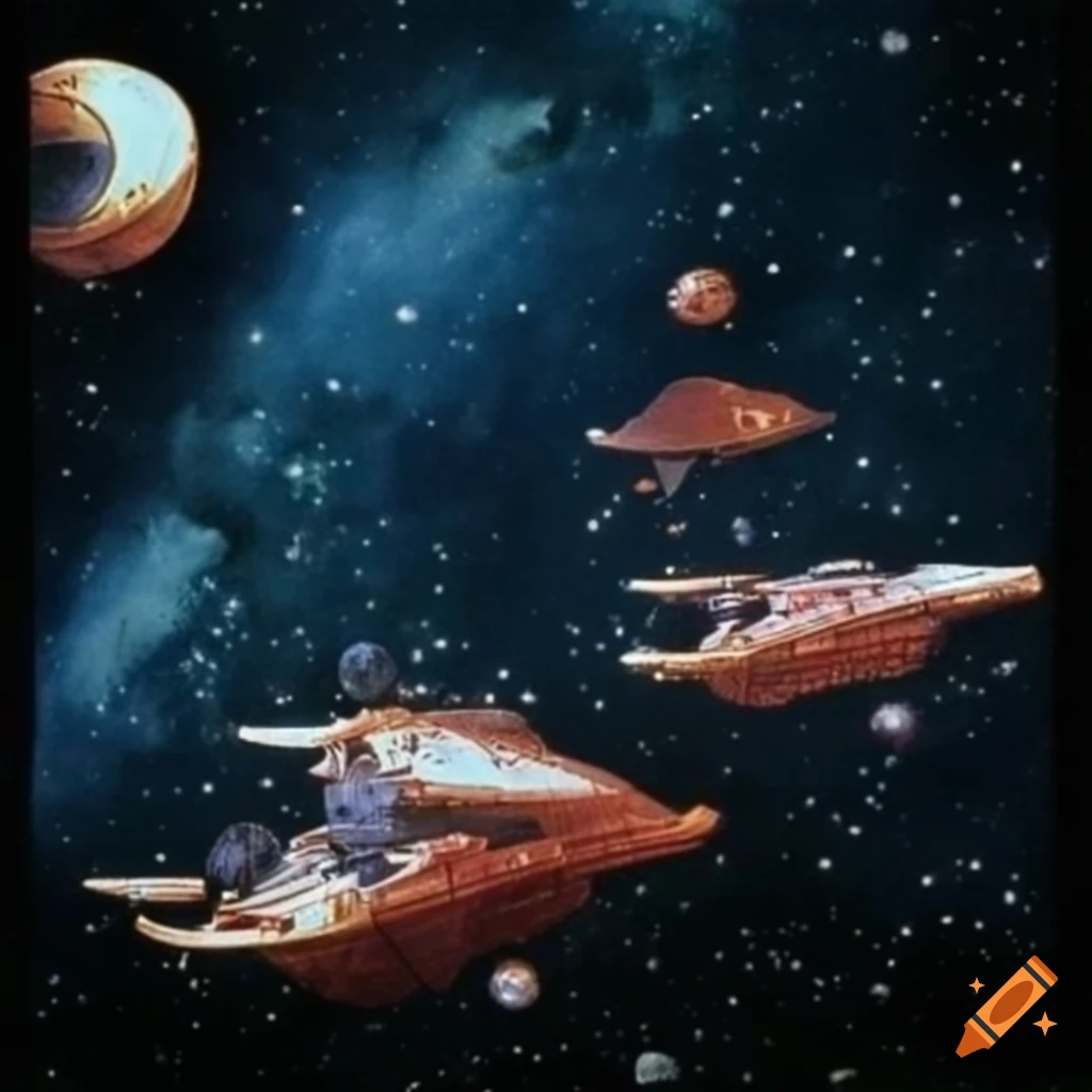 70s sci-fi spaceship in outer space on Craiyon