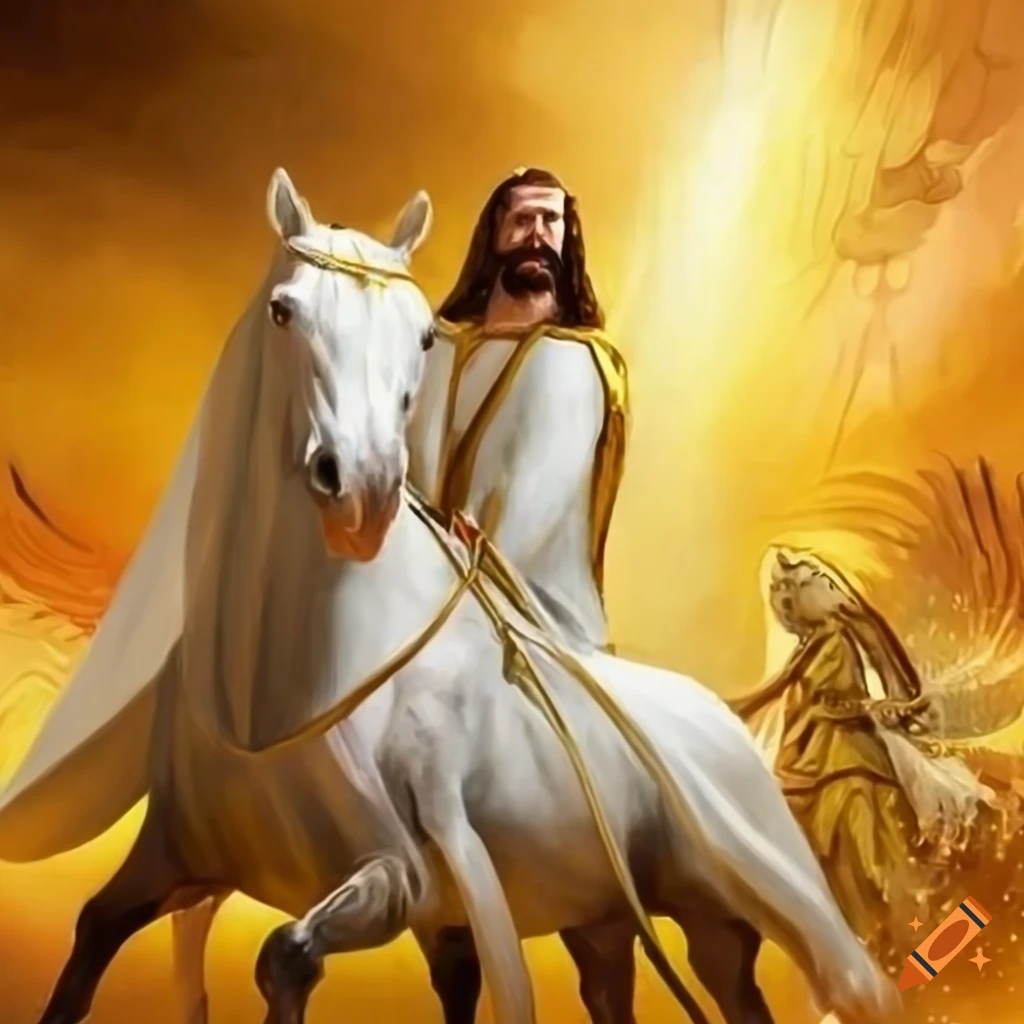 Depiction of jesus riding a white horse with angels on Craiyon
