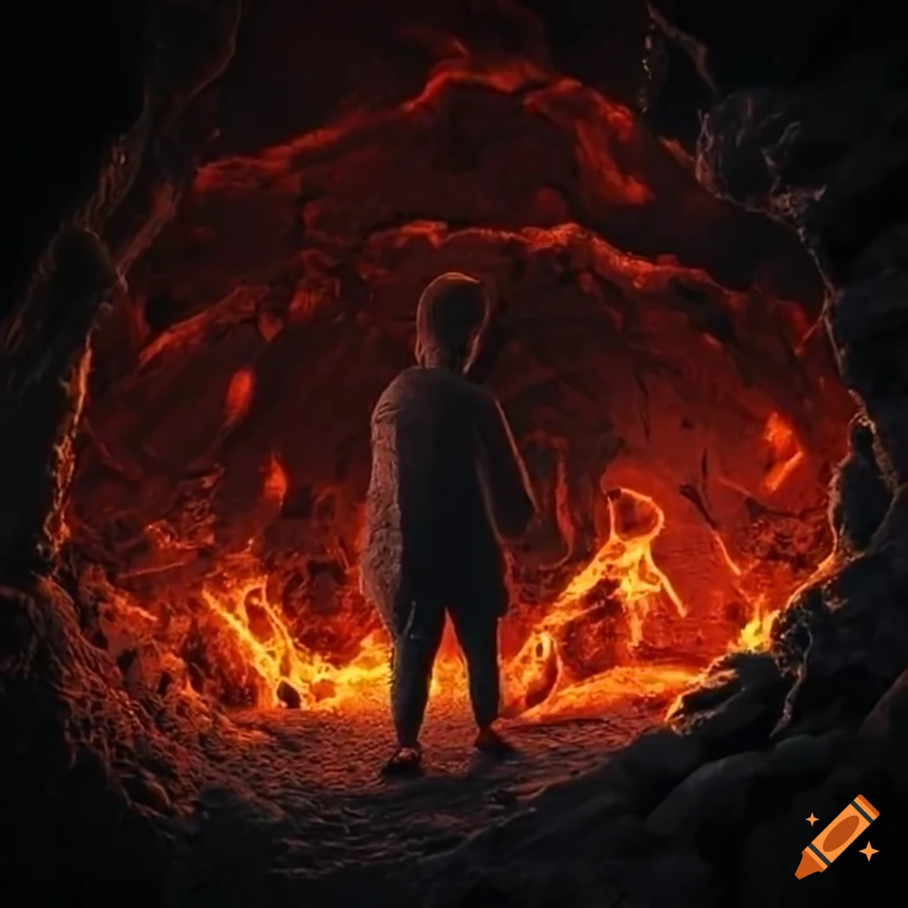 Concept art of a man trapped in a fiery and demonic place on Craiyon
