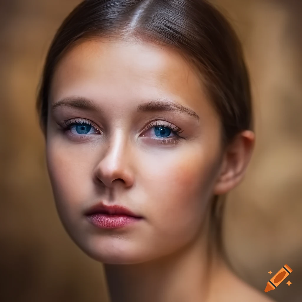 Close-up portrait of a young Russian woman with symmetrical face on Craiyon