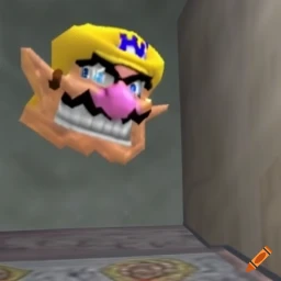 Scary image of wario's giant head in a strange hallway
