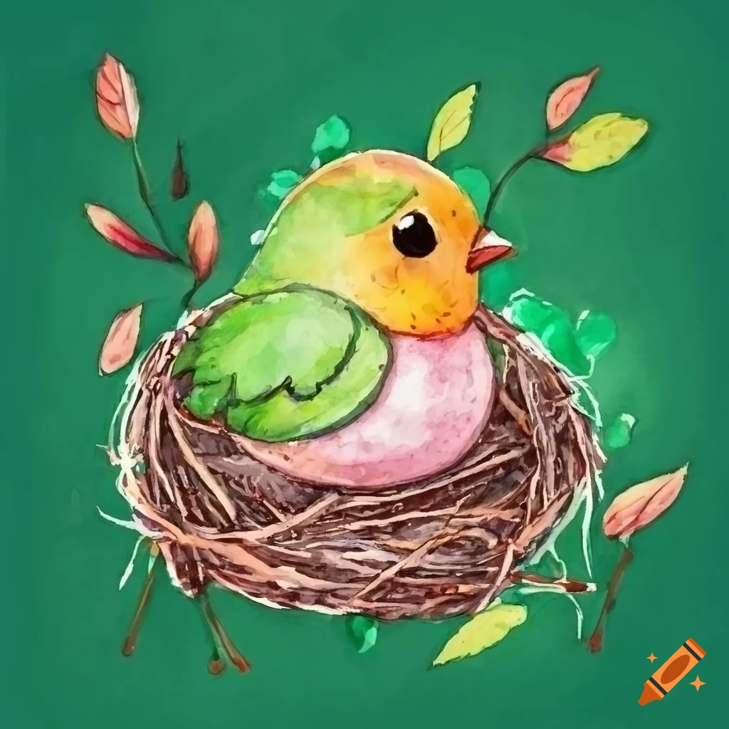 Watercolor illustration of a chibi bird in a colorful nest on Craiyon