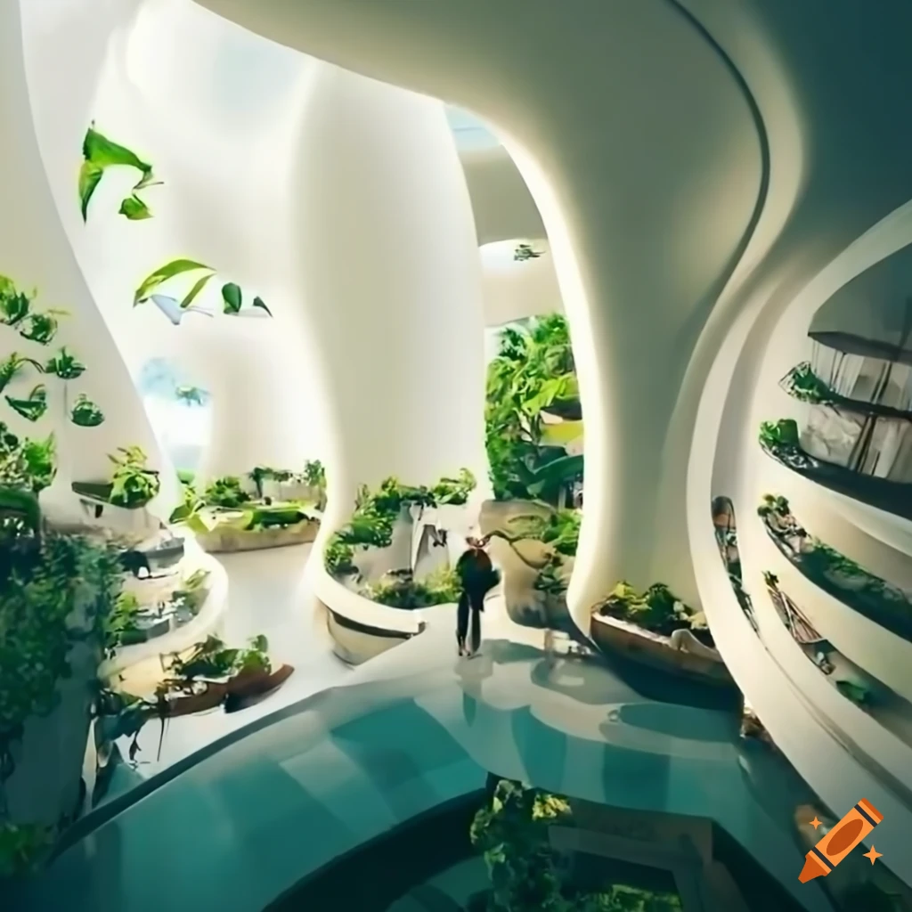 Futuristic organic-shaped residential complex with hanging plants and ...