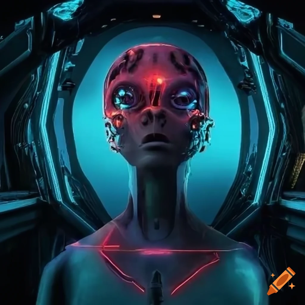 Surreal inside of a spaceship with alien technology on Craiyon