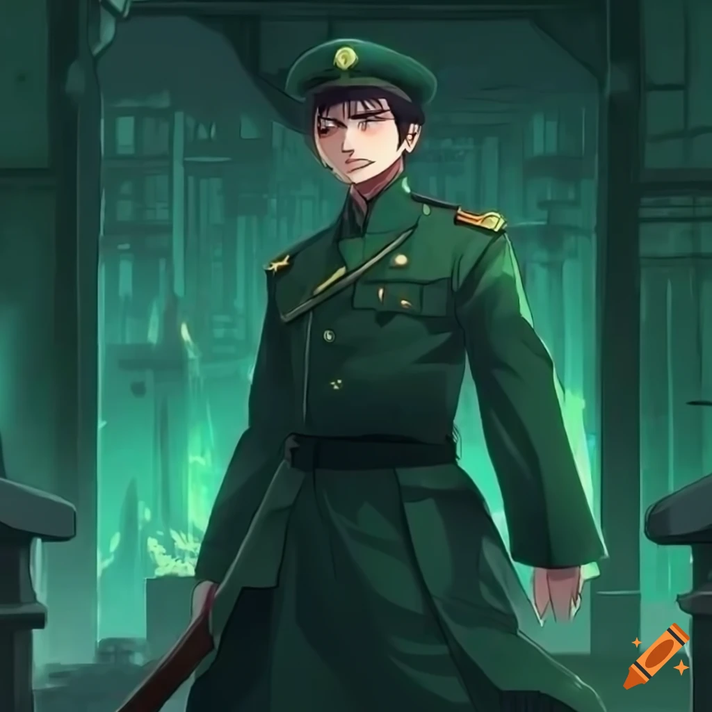 Anime-style illustration of a fierce chinese male officer in a mystical ...