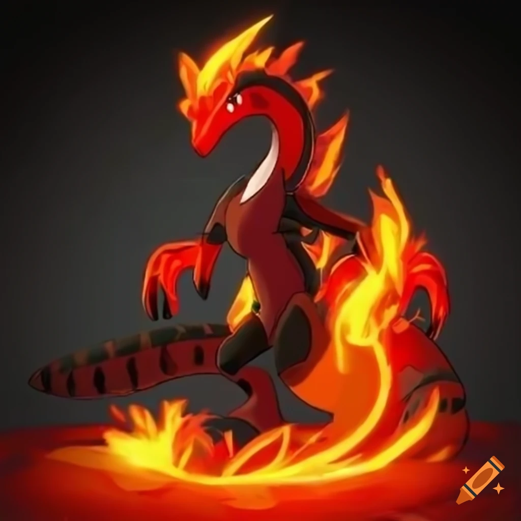 Digital art of flamizel, a fire lizard with steel chunks on Craiyon