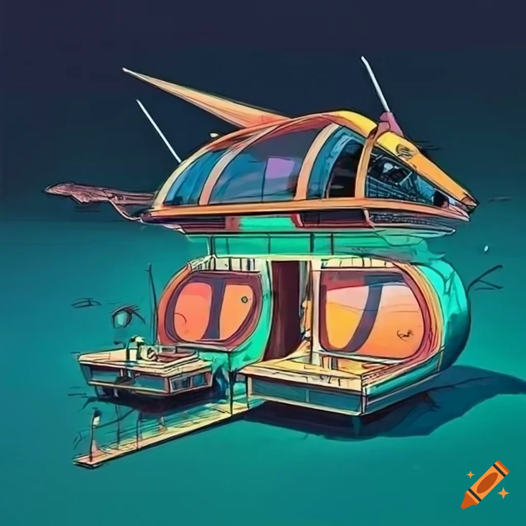 Retro futurism technical drawing of a unique living pod on Craiyon