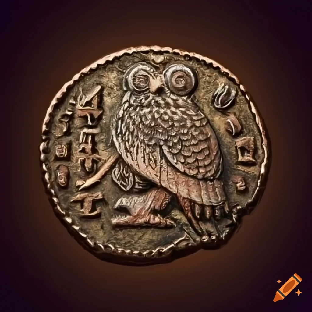 Ancient coin featuring an owl on Craiyon