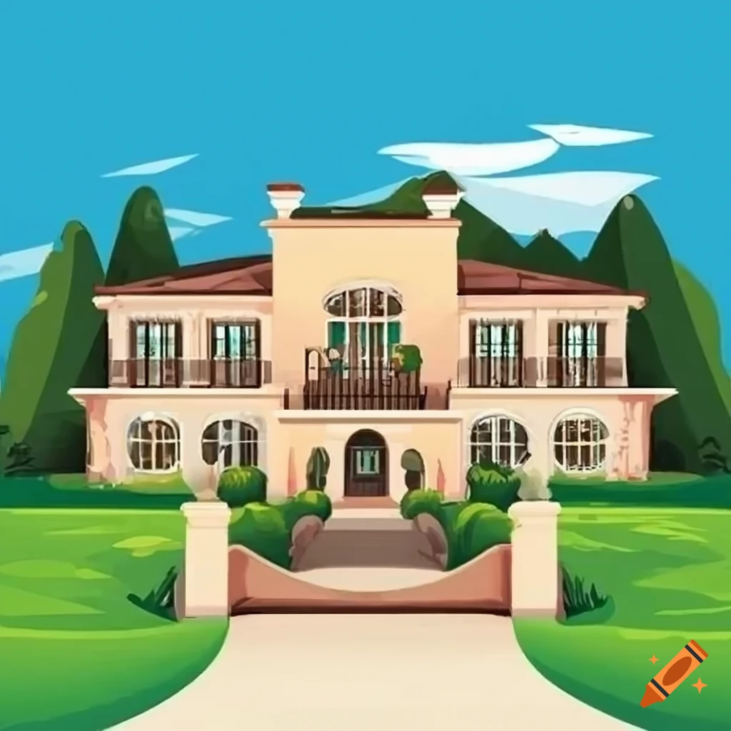 Illustration of a luxurious LA mansion in a gated community on Craiyon