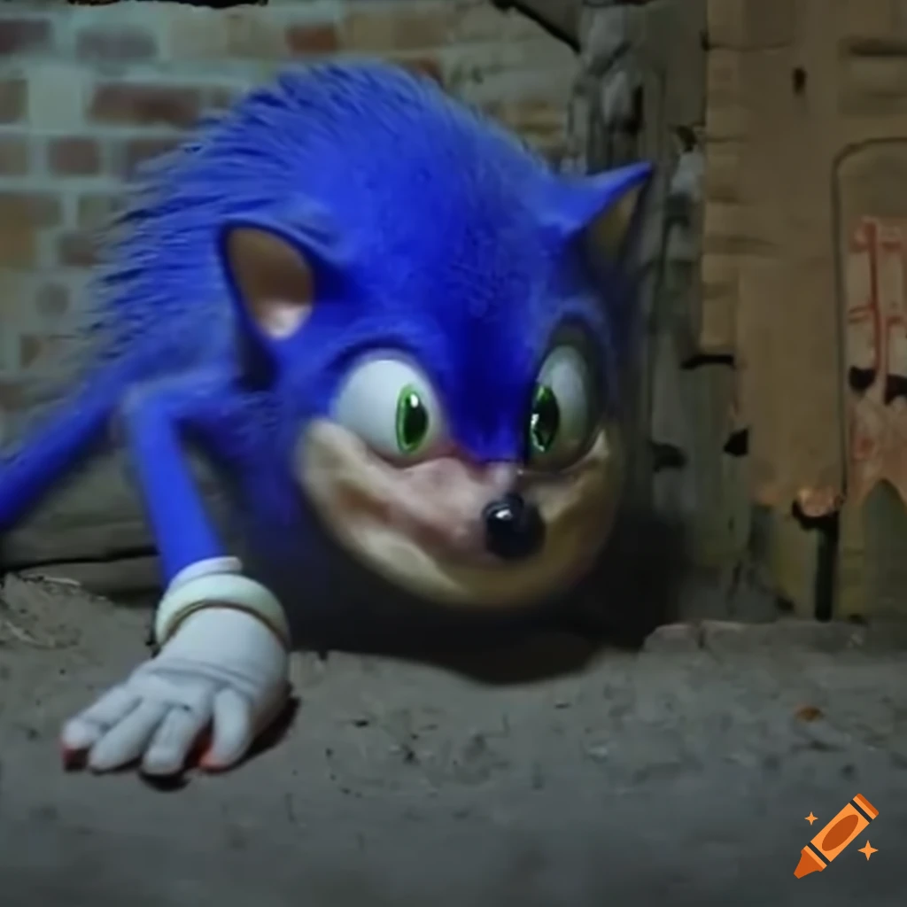 Creepy depiction of sonic the hedgehog in a dimly lit basement on Craiyon