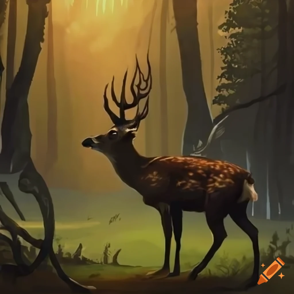 Epic fantasy forest with a majestic deer on Craiyon
