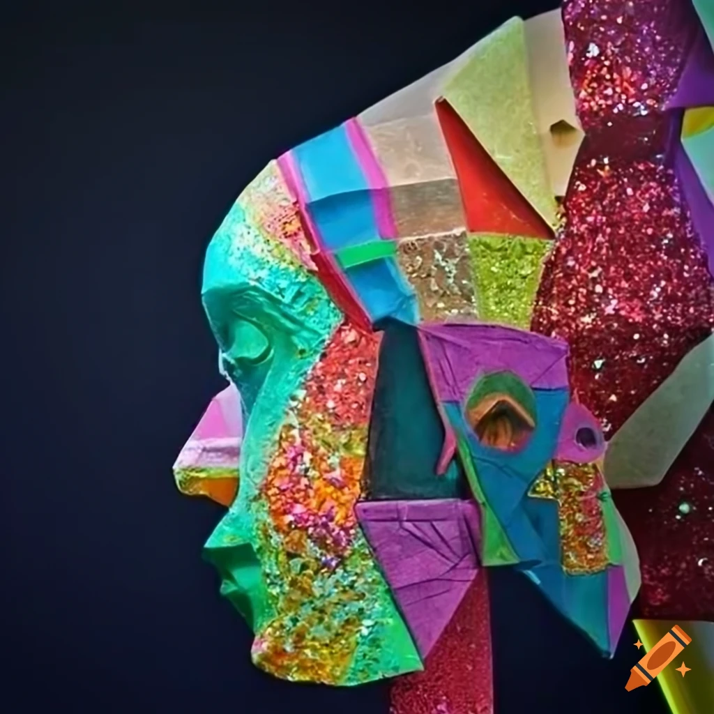 Sculpted origami figures made of coloured recycled paper on Craiyon