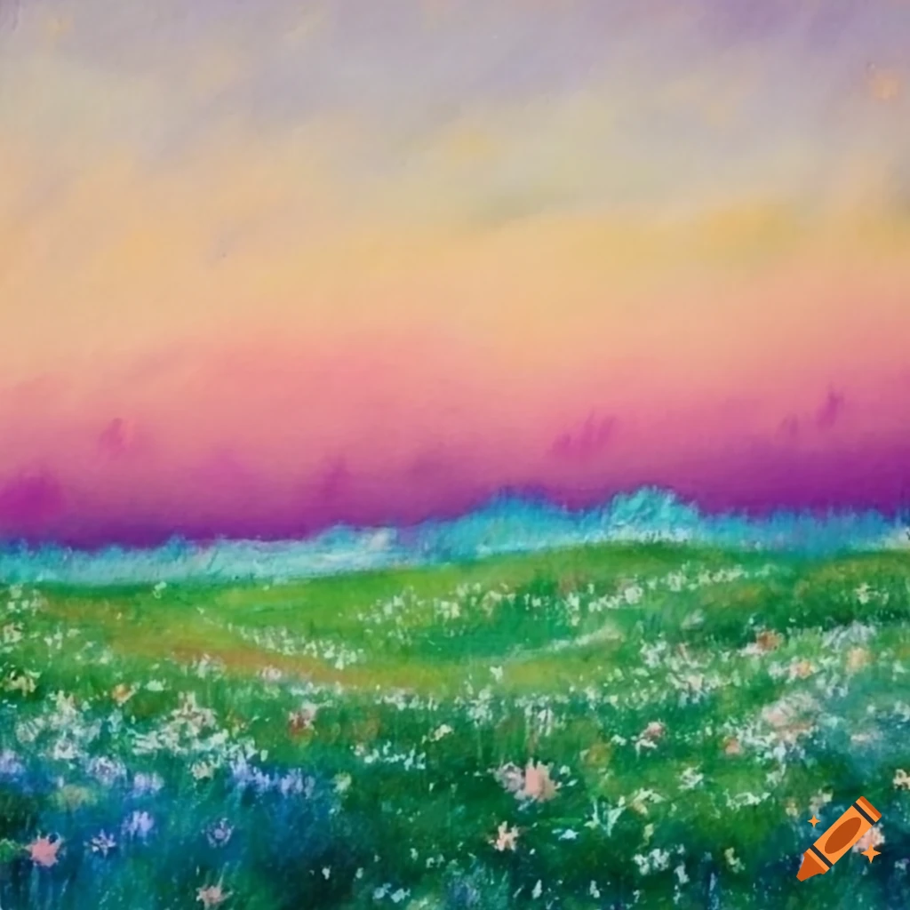 Colored pencil artwork of a flowery meadow on a hill on Craiyon