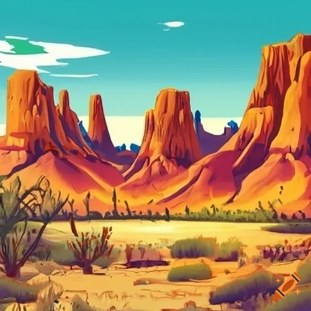 Cartoon illustration of a Western scene in Arizona on Craiyon