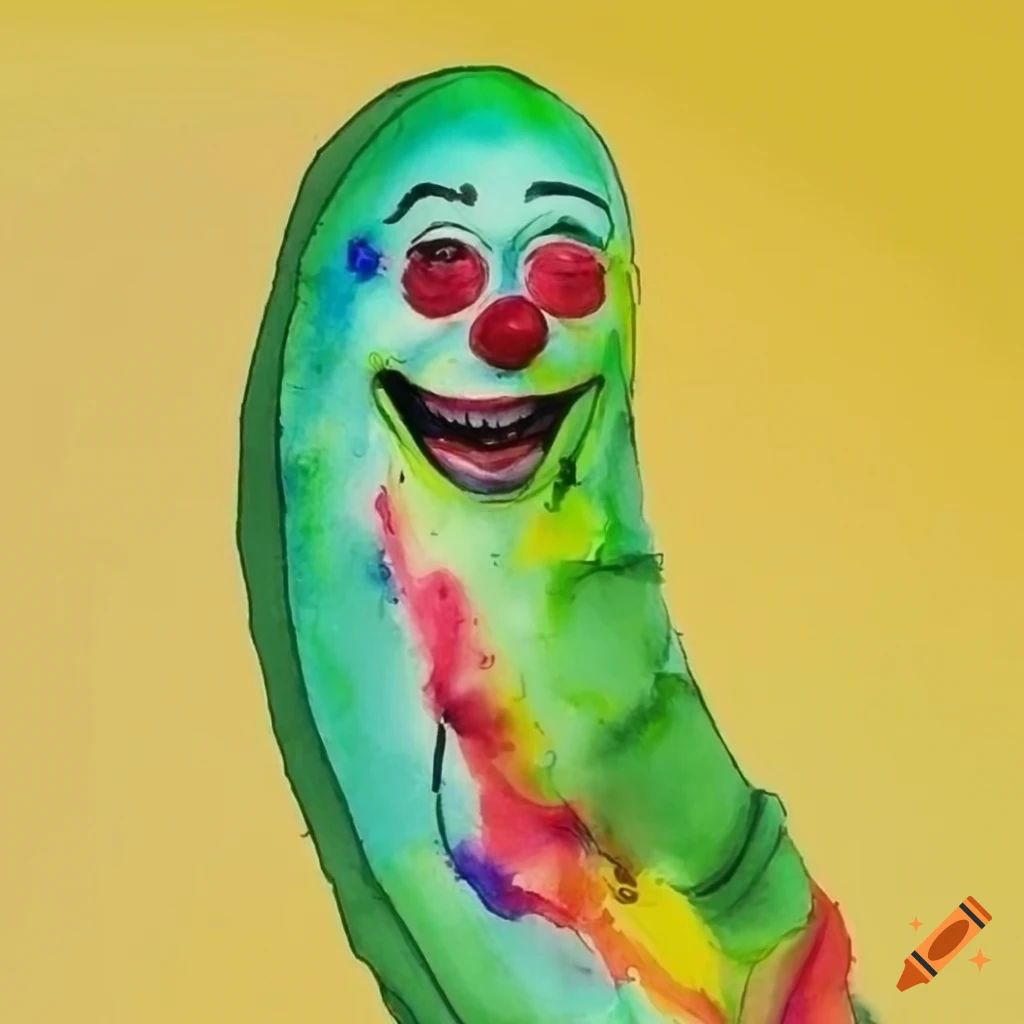 Watercolor of a banana wearing a pickle suit and clown makeup on Craiyon