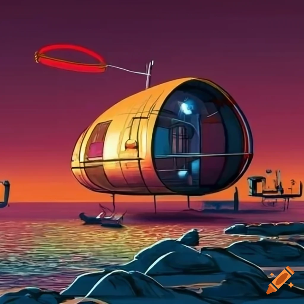 Retro-futuristic technical drawing of a unique living pod on Craiyon