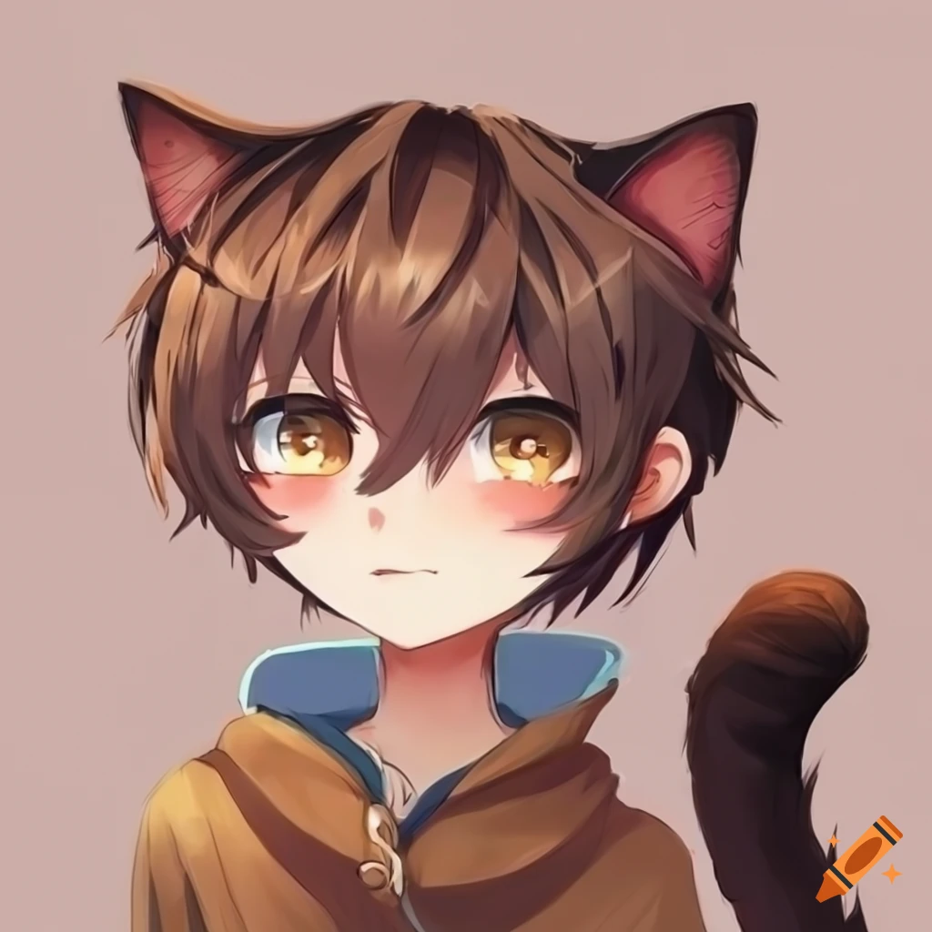 Portrait of a catboy with brown hair and tail on Craiyon