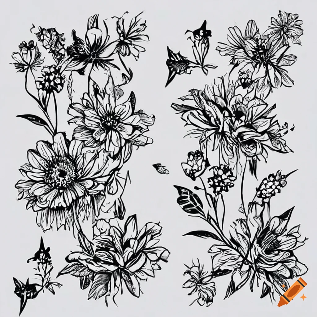 Monochrome leg tattoo with flowers and insects on Craiyon