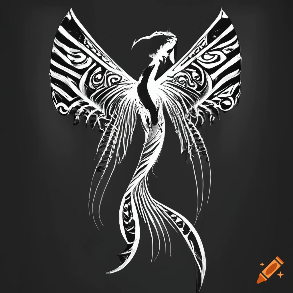 Black and white illustration of a polynesian phoenix on Craiyon