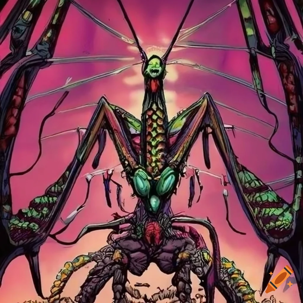 Vibrant 90s manga illustration of a demonic preying mantis on Craiyon