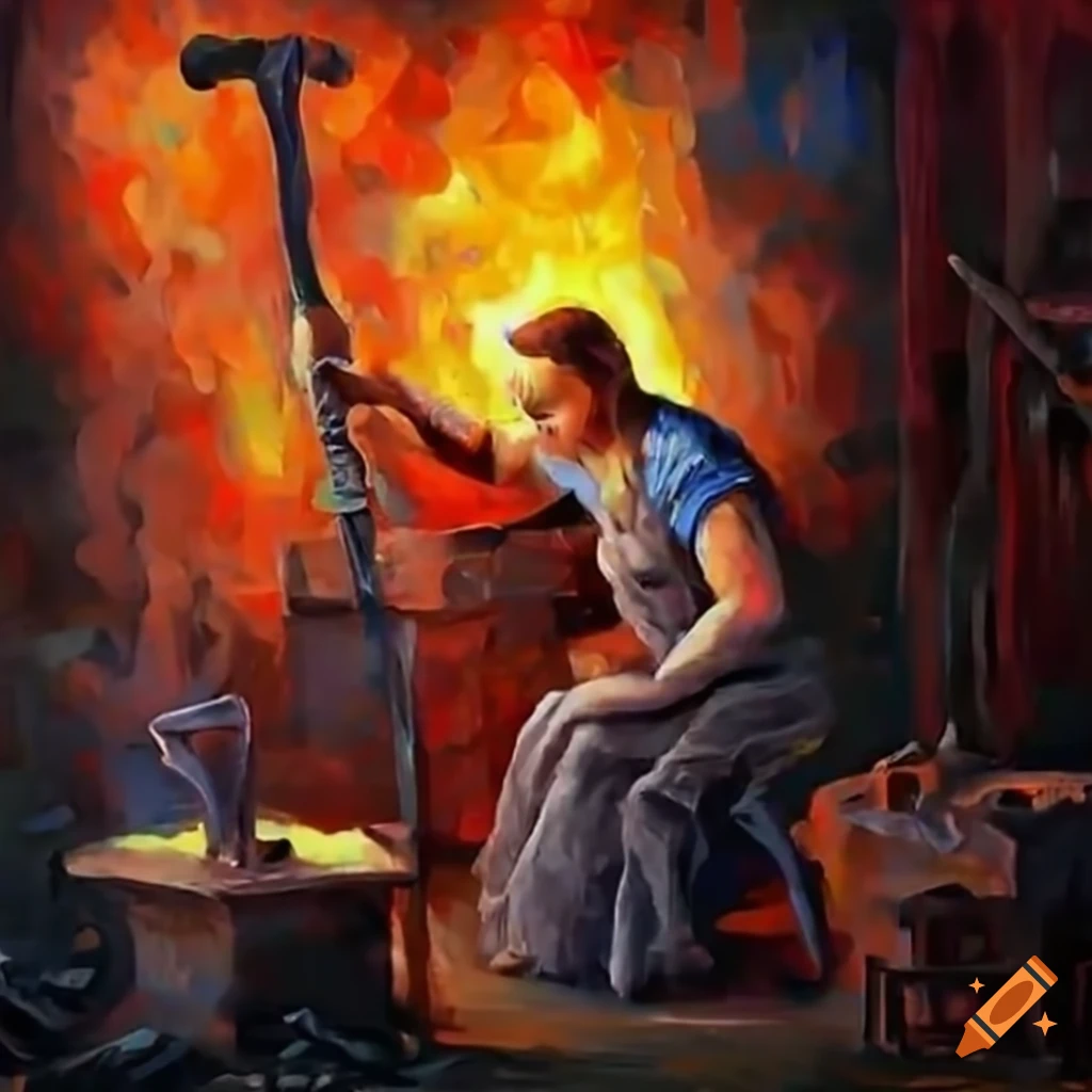 Image of a skilled blacksmith forging a powerful weapon on Craiyon