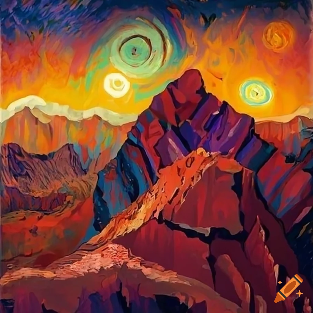 Colorful and intense mountain landscape on Craiyon