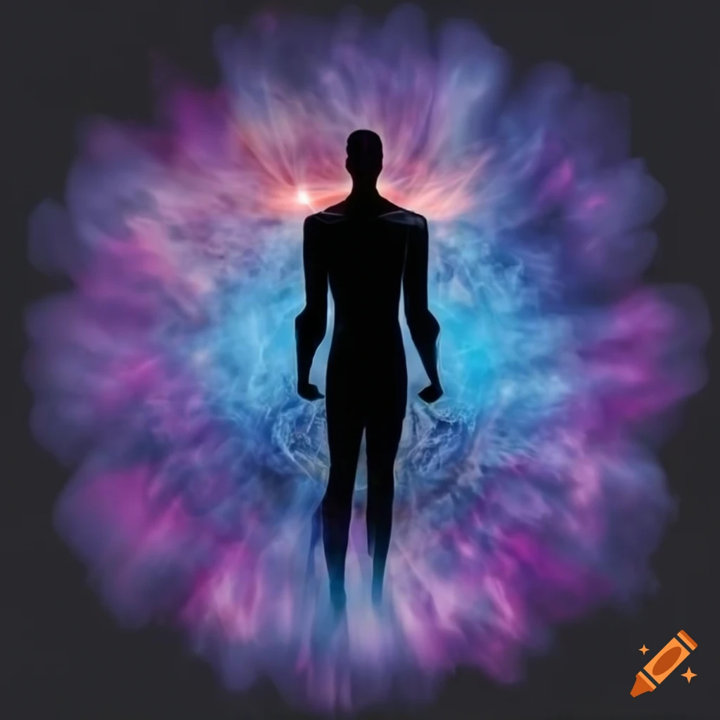 Silhouette of a powerful hero in front of a glowing explosion on Craiyon