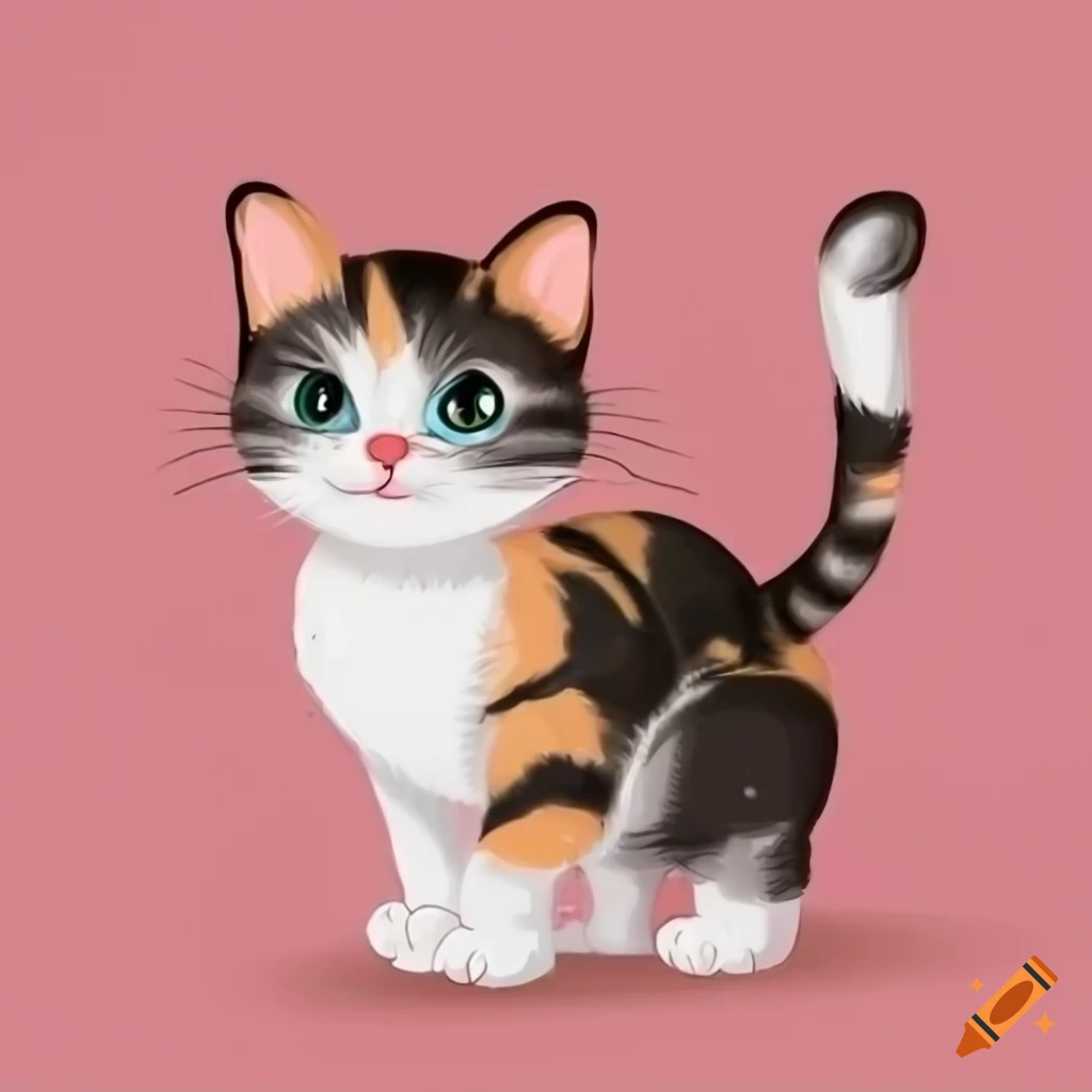 Cartoon calico kittens on a baby pink background on Craiyon