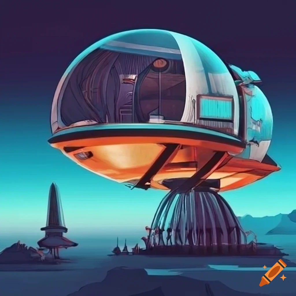 Retro-futuristic technical drawing of a living pod on Craiyon