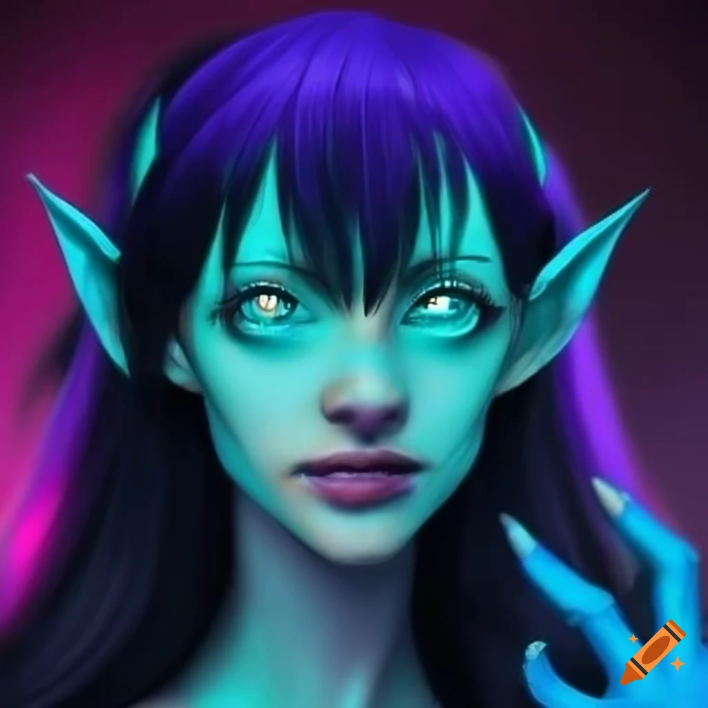 Neon elf with black hair and purple skin on Craiyon