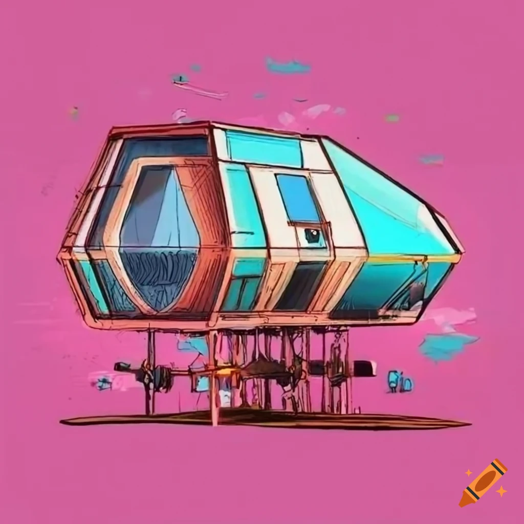 Detailed retro futurism technical drawing of a unique living pod on Craiyon