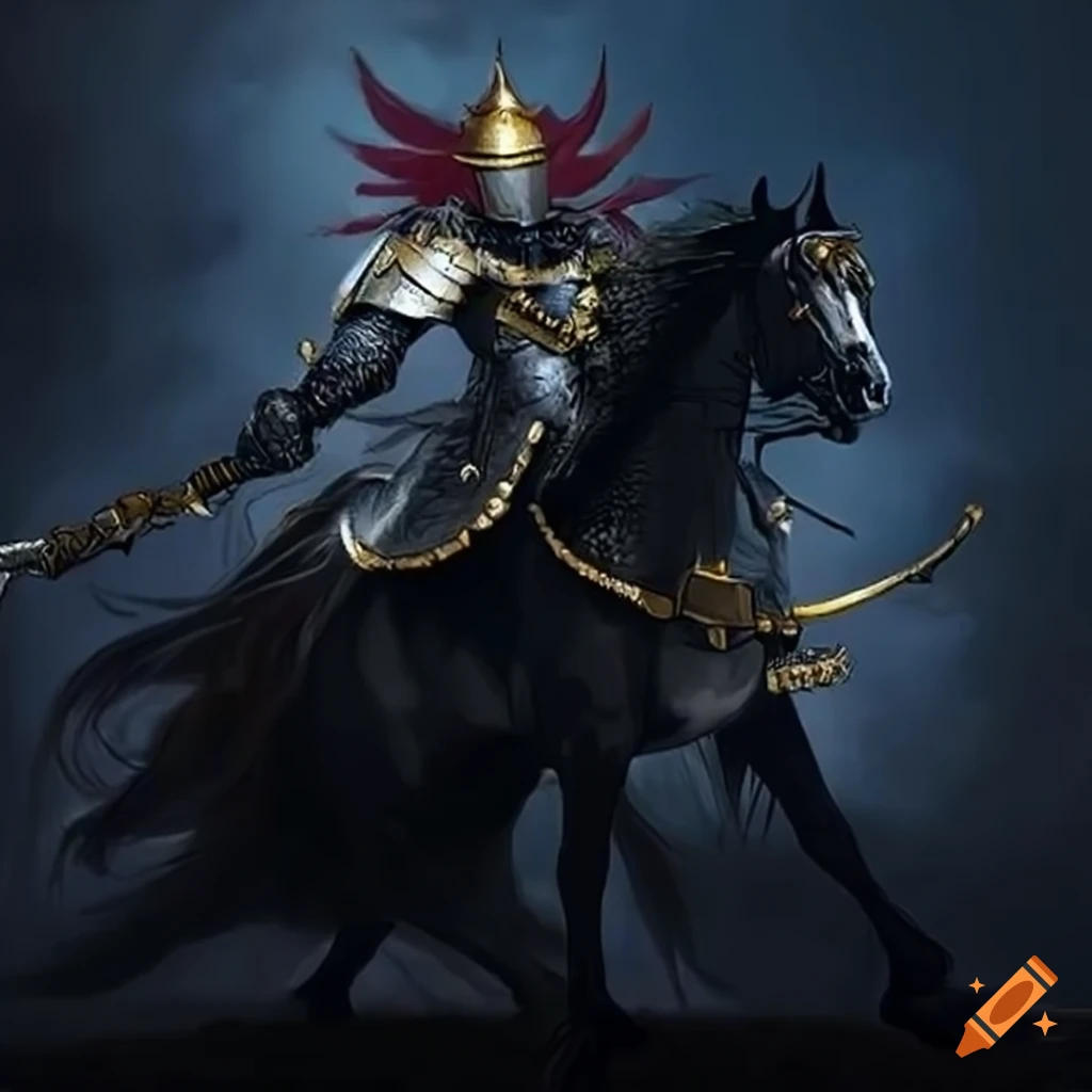Image of a knight riding a black horse on Craiyon