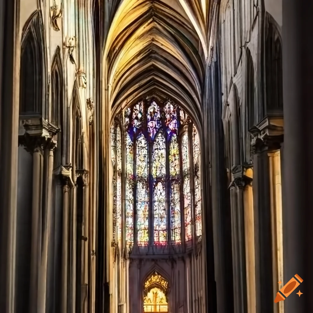 Interior view of a gothic cathedral with sunlight through stained glass ...