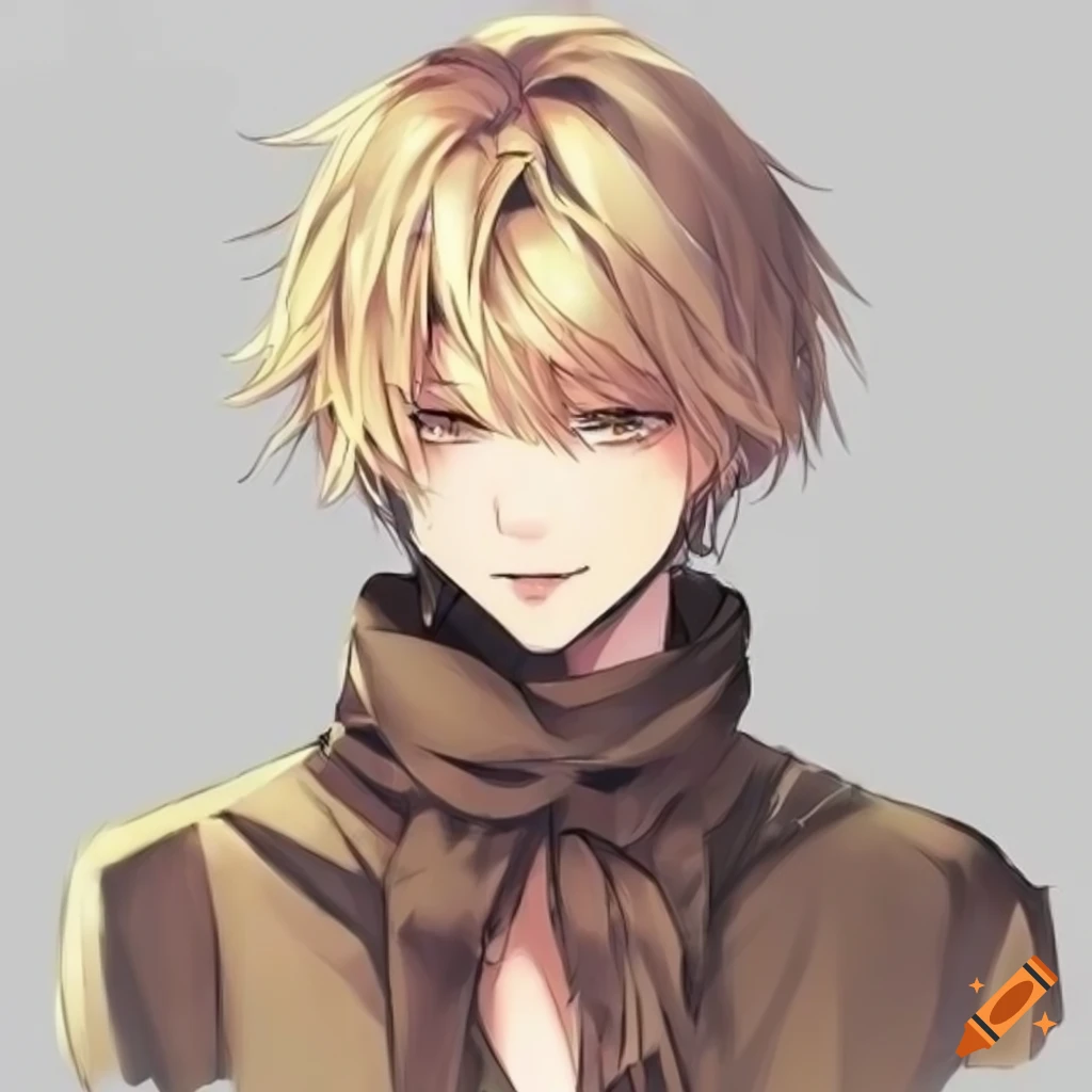 Anime-style male character with soft blonde hair and brown eyes on Craiyon