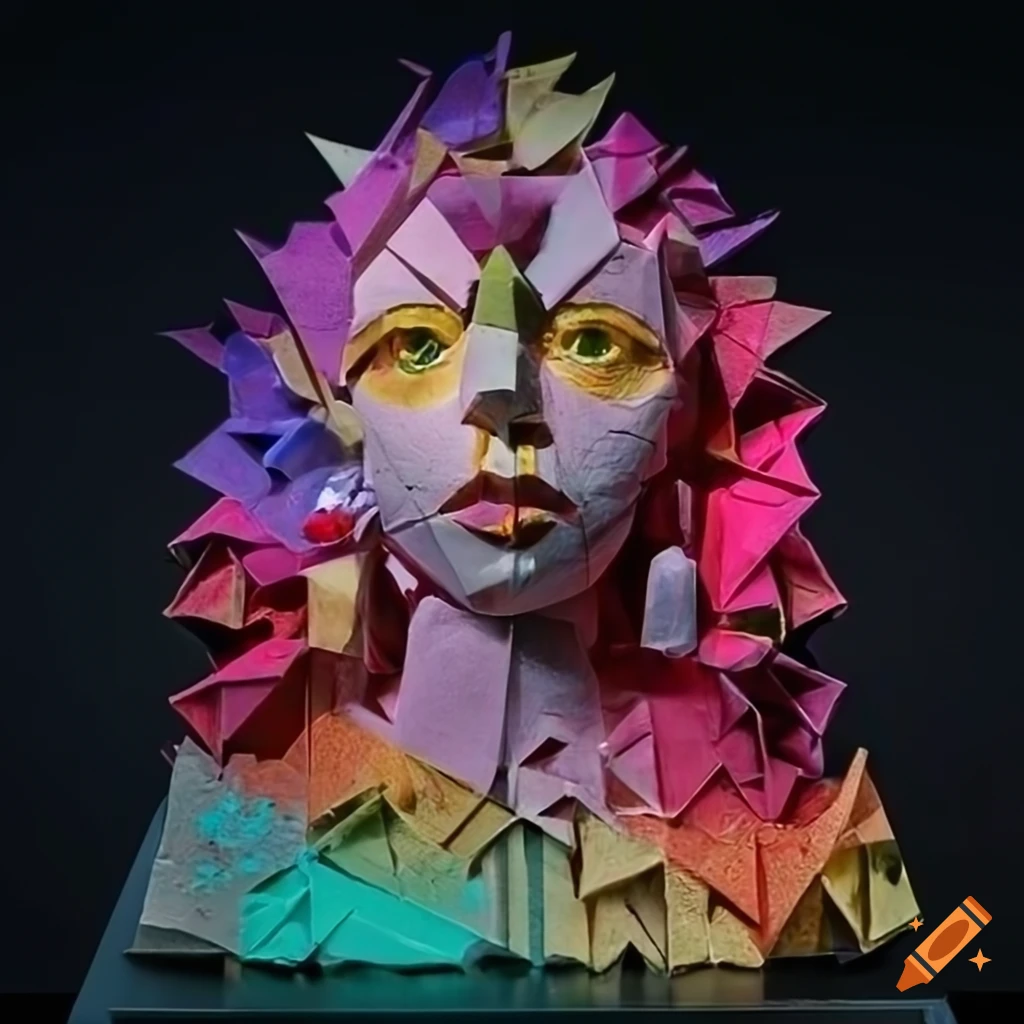 Surreal and colorful sculpture made of recycled paper on Craiyon