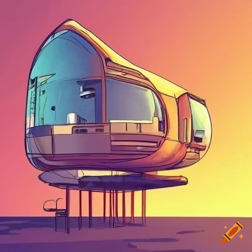 Technical drawing of a retro futuristic living pod with unique landing stilts on Craiyon