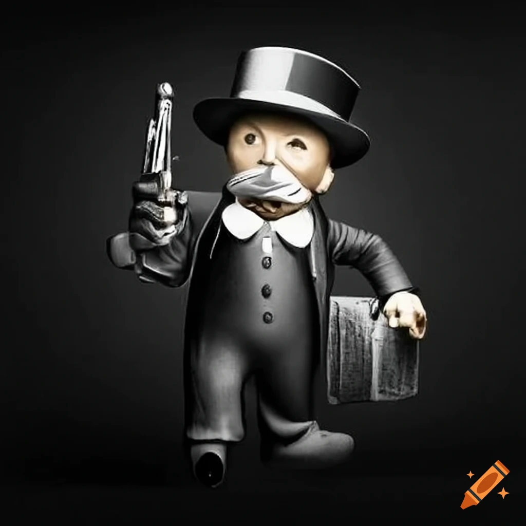 Retro depiction of the Monopoly man as a gangster on Craiyon