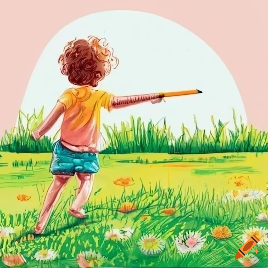 Coloured pencil drawing of kids playing on a meadow on Craiyon