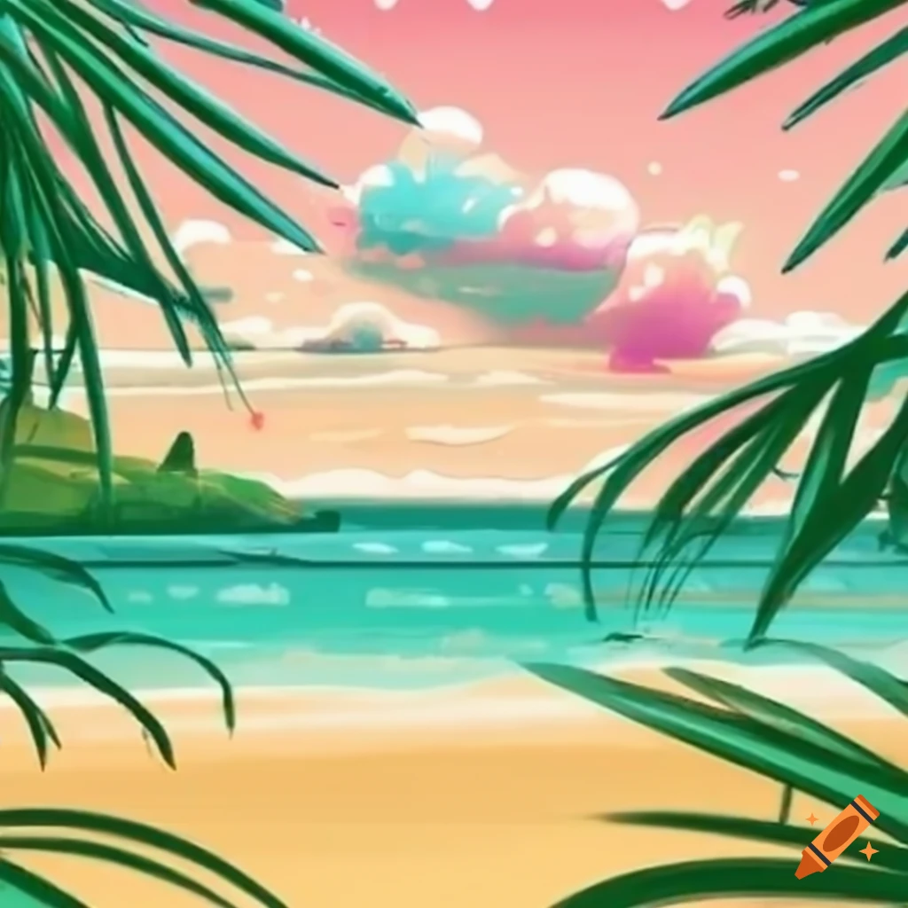 Drawing of a tropical beach with palms and parasols on Craiyon