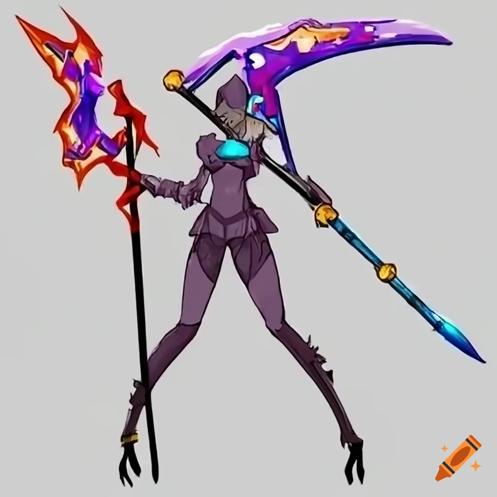 Exaggerated and anime-style elemental sword and scythe