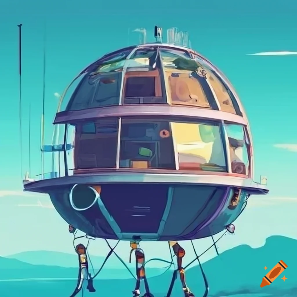 Retro-futuristic technical drawing of a living pod with unique landing ...